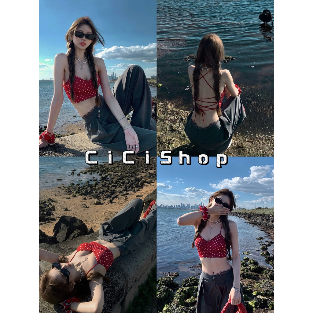 Cicishop(J1155)เสื้อสายเดี่ยวครอปท็อป ลายจุดเล็กๆ สายไขว้โชว์หลัง เซ็กซี่ มีฟองน้ำ | Shopee Thailand
