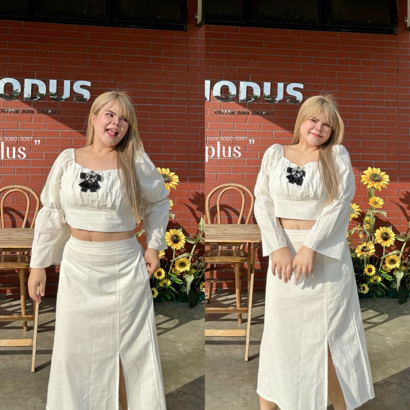 Set2ชิ้น เสื้อครอปแขนกระดิ่ง+กระโปรงยาว อก40-52นิ้ว plussize | Shopee Thailand