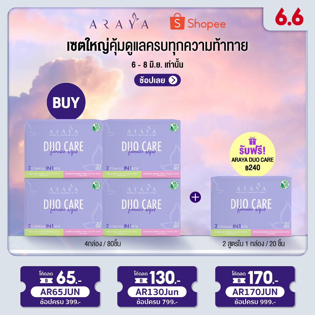 (W) ARAYA DUO CARE Feminine Wipes เวชสำอางทิชชูเปียกสำหรับจุดซ่อนเร้น 2สูตรใน 1 กล่อง / 20ชิ้น ...