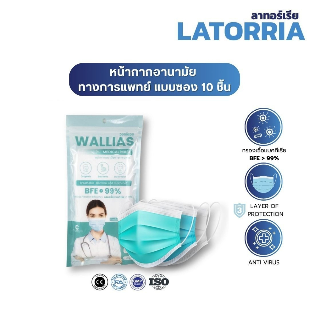 หน้ากากอนามัยทางการเเพทย์ ยี่ห้อWALLIAS หนา3ชั้น ป้องกันได้ถึง98% บรรจุ10ชิ้นต่อ 1ซอง มี 3สี ...