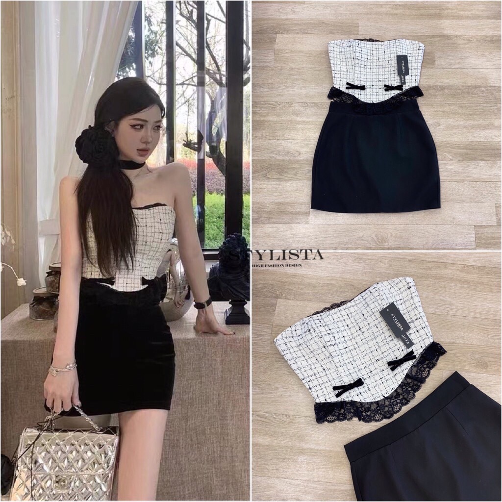 (พร้อมส่ง) STY87 ST240245 เซตเสื้อเกาะอก เอวเเต่งลูกไม้สวยงาม มาพร้อม ...