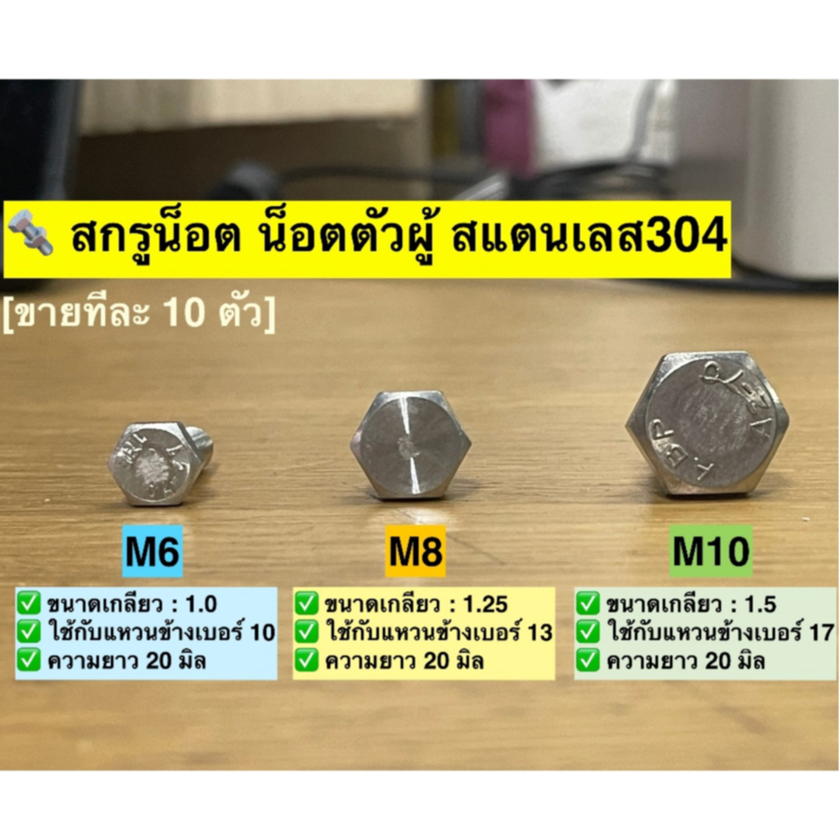 [ขายทีละ 10 ตัว] สกรูน็อต น็อตตัวผู้ หัวหกเหลี่ยม สแตนเลส 304 M6 M8 M10 ยาว 20 มิล เกลียวมิล ...