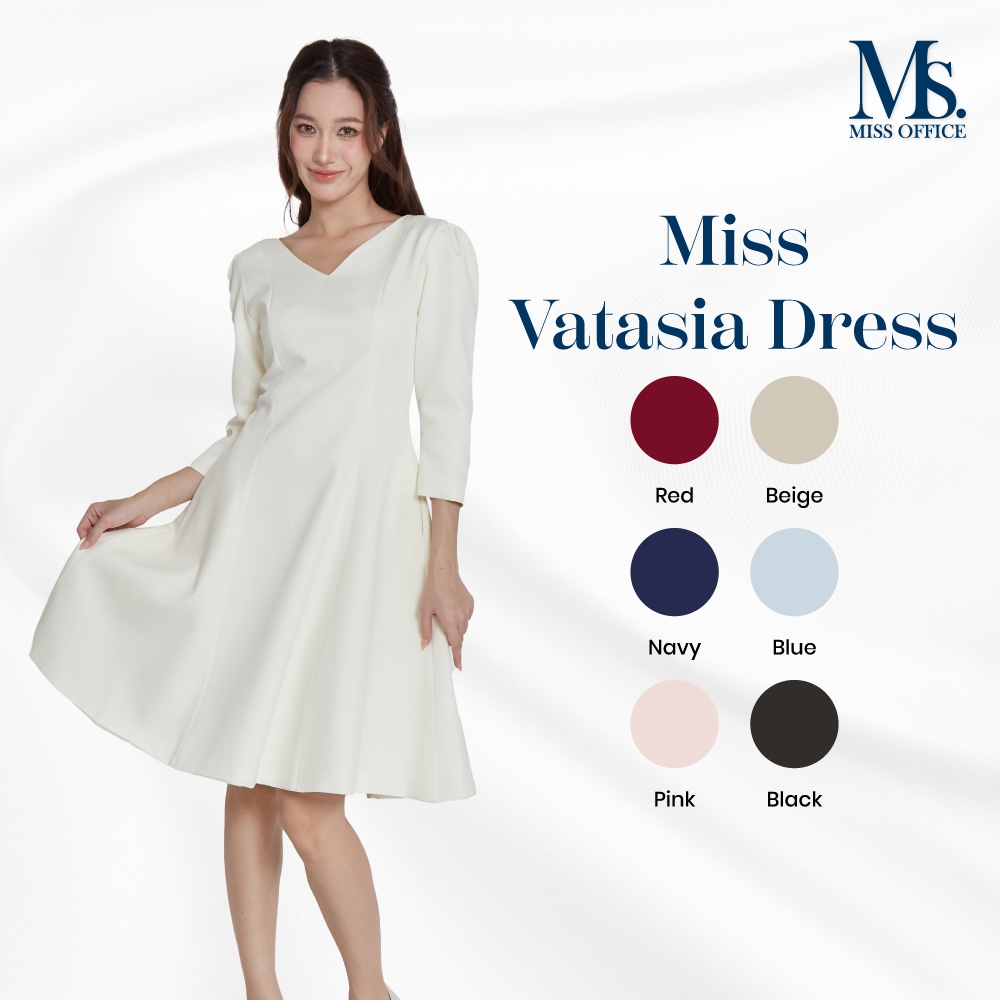 [ส่งฟรี] Miss Office (Best Seller) เดรสแขน 4 ส่วน คอวี กระโปรงย้วย (MD-041) | Shopee Thailand