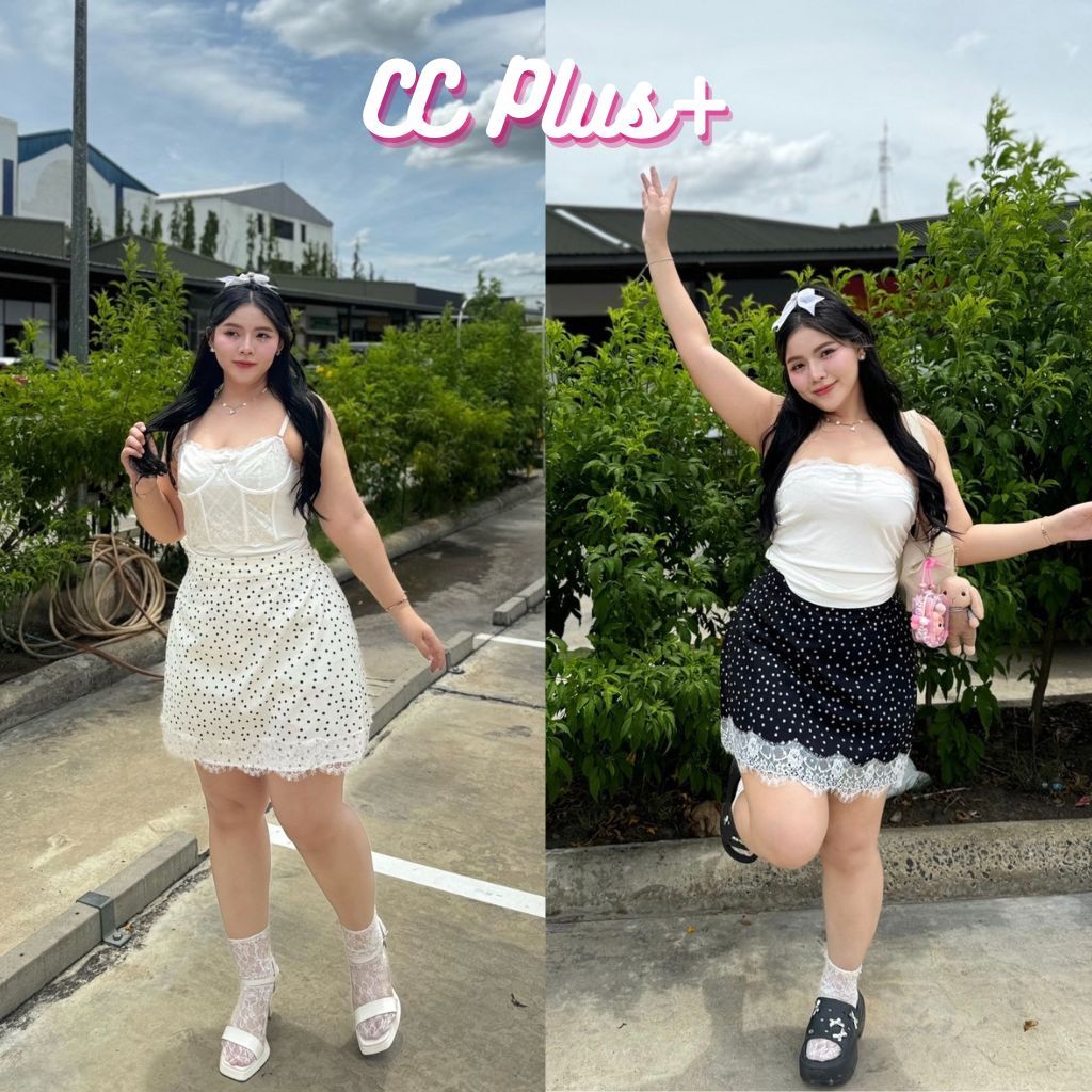 CC Plus+ (560) กระโปรงสั้น ลายจุด แต่งชายลูกไม้ เอวสม็อคหลัง สไตล์ ...