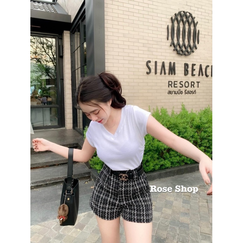 Phapassz - เซต 3ชิ้น เสื้อยืดคอวี กางเกงขาสั้น ผ้าทวิส+เข็มขัดสุดหรู เพิ่มความหรูหรา Roseshop ...