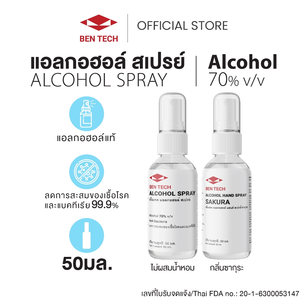 BEN TECH ALCOHOL HAND SPRAY SAKURA 50ml (แอลกอฮอล์ แฮนด์ สเปรย์ กลิ่น ...