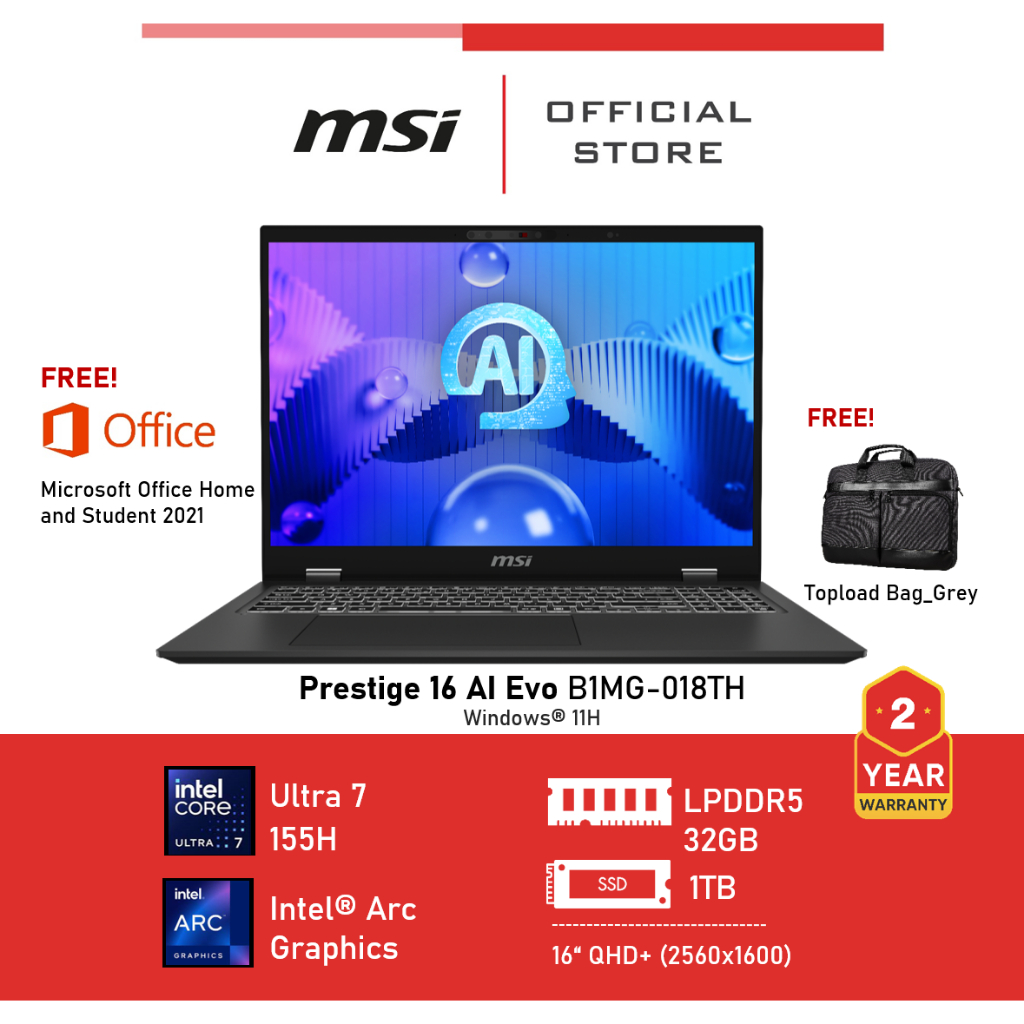 MSI Prestige 16 AI Evo B1MG-018TH (16“ QHD+ , LPDDR5 32GB, Intel® Arc Graphics) Notebook, Laptop ...