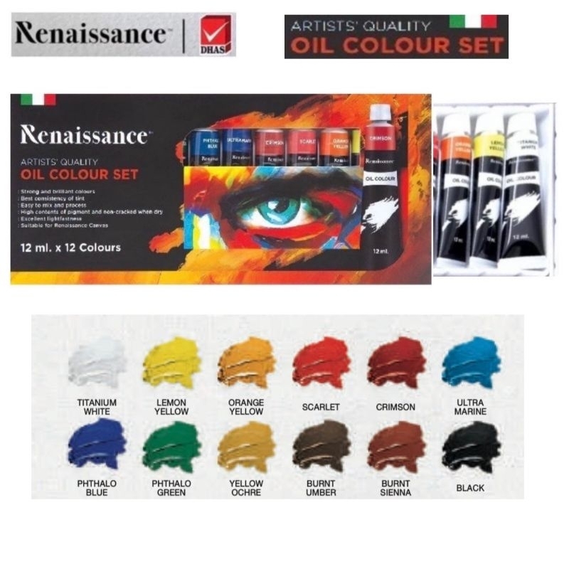 Renaissance Oil Colour Set สีน้ำมัน 12 สี 12 มล. เฉดสีชัดคงที่ ไม่มีซีด ...