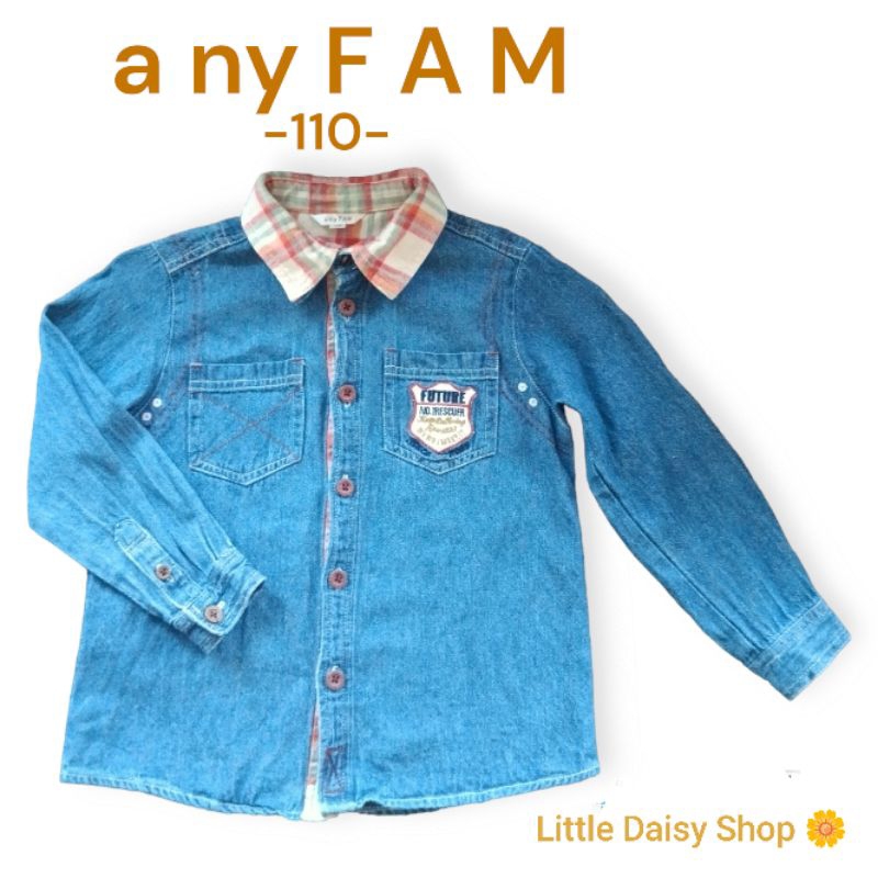 มือสองเสื้อเชิ๊ตยีนส์แต่งปกลายสก๊อต anyFAM ไซส์ 110 (4-5 ขวบ) | Shopee Thailand