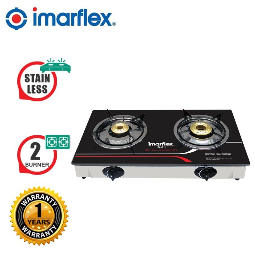 IMARFLEX เตาแก๊สกระจกแบบนิรภัยหัวคู่ รุ่น IG-611 หัวเตาทองเหลือง รับประกัน 1 ปี | Shopee Thailand