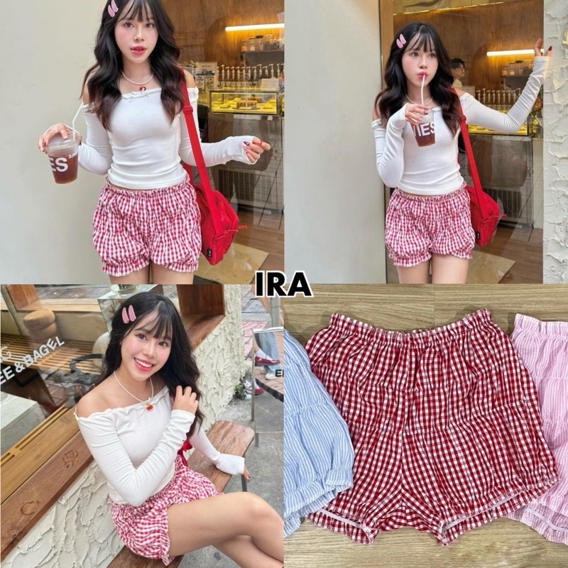 BY IRA Plaid shorts (23212) กางเกงขาสั้นลําลอง เอวยางยืด พิมพ์ลาย ลายส ...