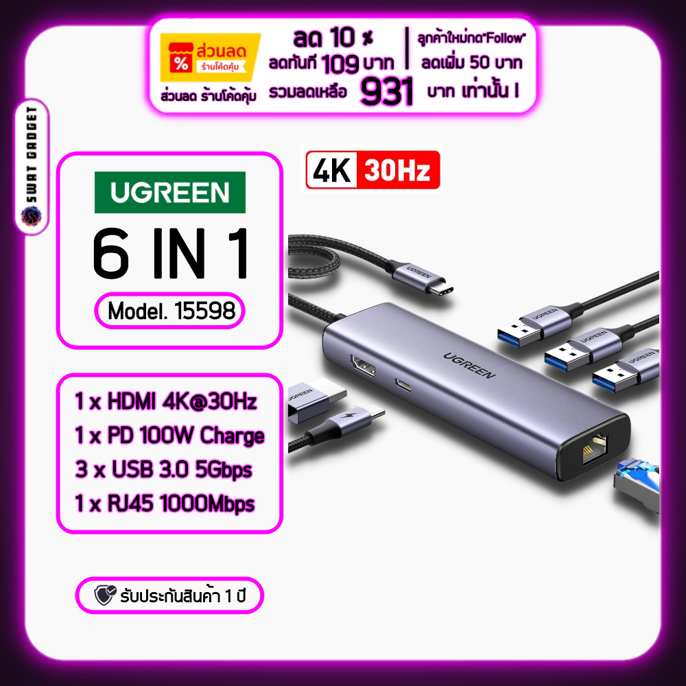 [Pre-Order] Ugreen 6 in 1 USB C To HDMI VGA USB HUB Model 15598 สำหรับ ...