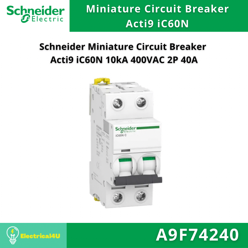 Schneider Electric A9F74240 Miniature Circuit Breaker Acti9 iC60N 6kA, 400VAC, 2P, 40A | Shopee ...