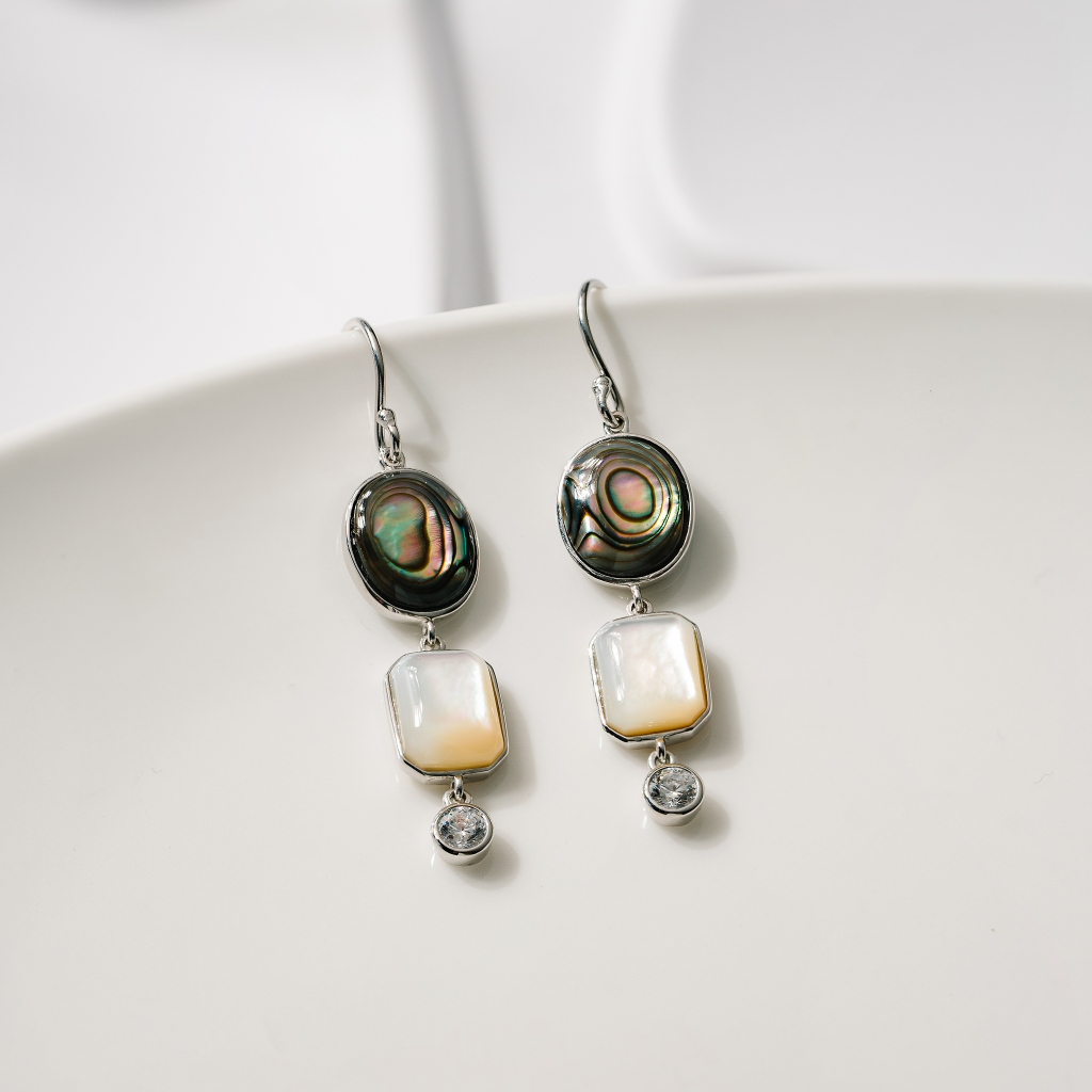 Ar-Kang Collection (AKE2380) ต่างหูเงินแท้ ประดับ Abalone, White MOP, White CZ ชุบทองคำขาว และ ...