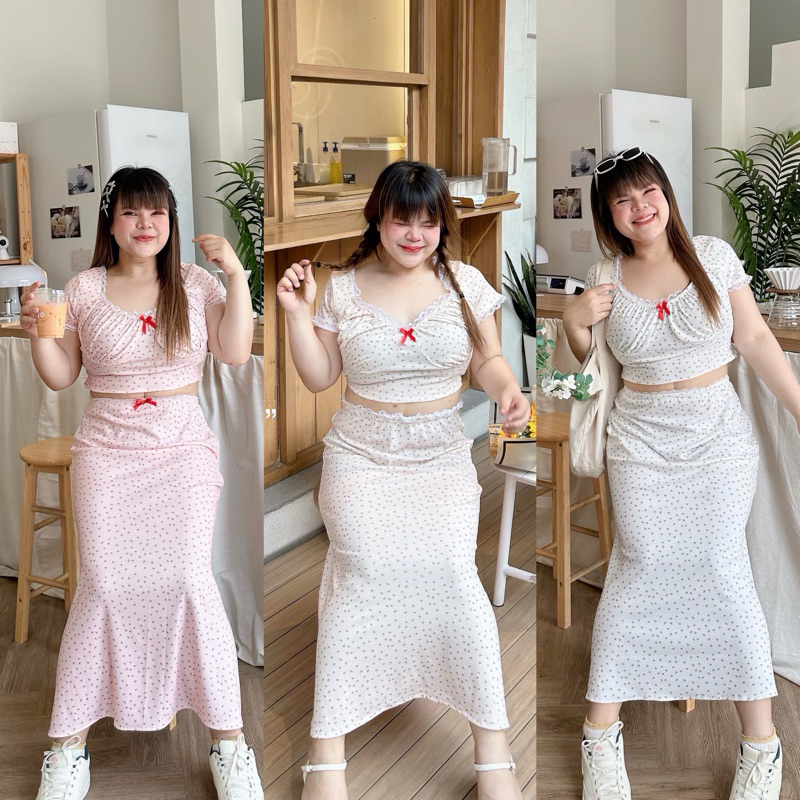 Linn Set2ชิ้น เสื้อครอปลายดอก+กระโปรงยาว plussize (มีไซซ์) | Shopee Thailand