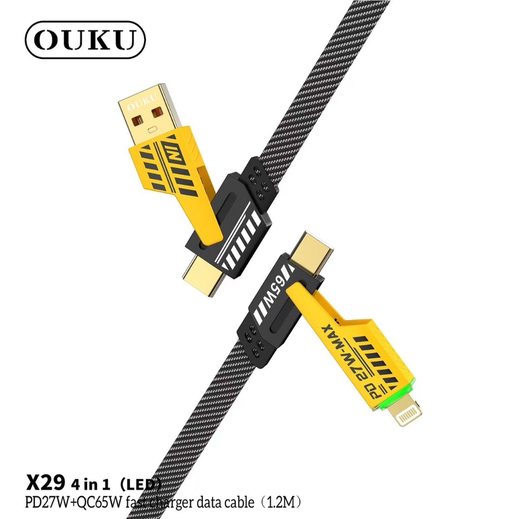 OUKU X29 สายชาร์จเร็ว 4in1 รองรับเทคโนโลยี PD 27W + QC 65W เปลี่ยนได้ 4 หัวในเส้นเดียว แต่งไฟ ...
