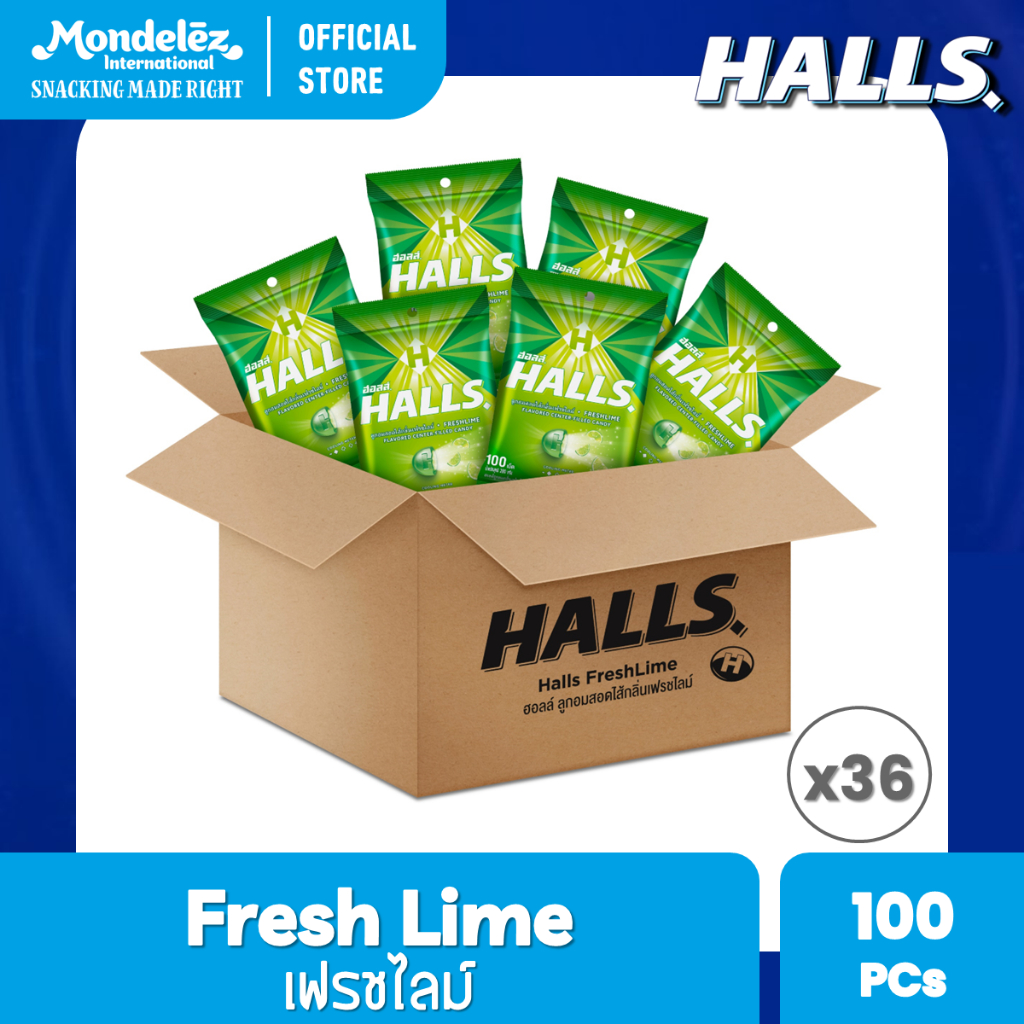 [ยกลัง 36 ถุง] Halls Fresh Lime ฮอลล์ ลูกอมสอดไส้กลิ่นเฟรชไลม์ แบบถุง 100 เม็ด (280 กรัม ...
