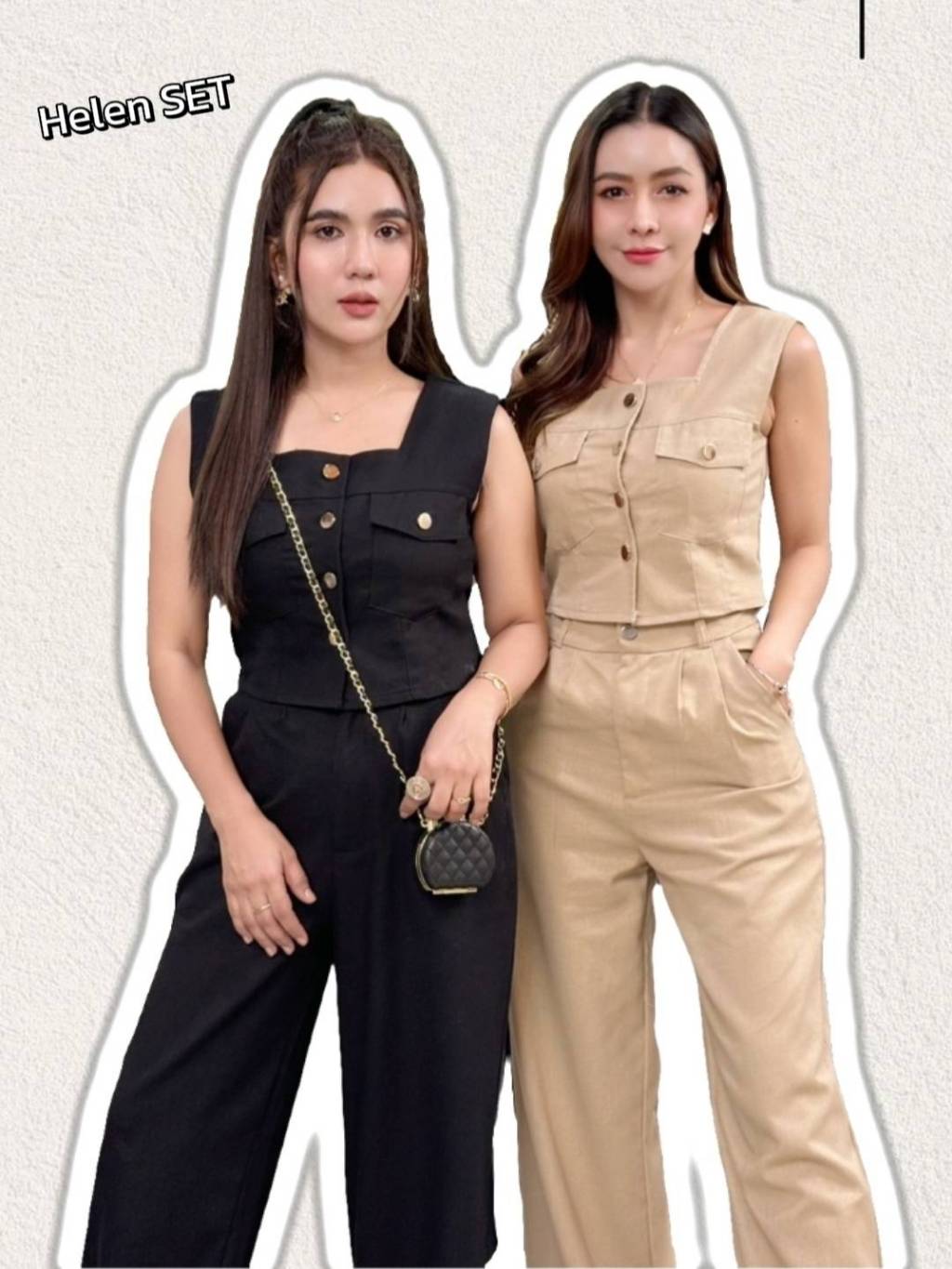 846-Helen SET(ไม่มีซับ)-เซตคอเหลี่ยมกางเกงขายาว | Shopee Thailand