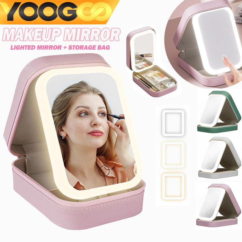 YOOGOO 3สี กล่องเก็บของสำหรับเครื่องสำอางพร้อมกระจก LED สามสีที่สามารถ ...