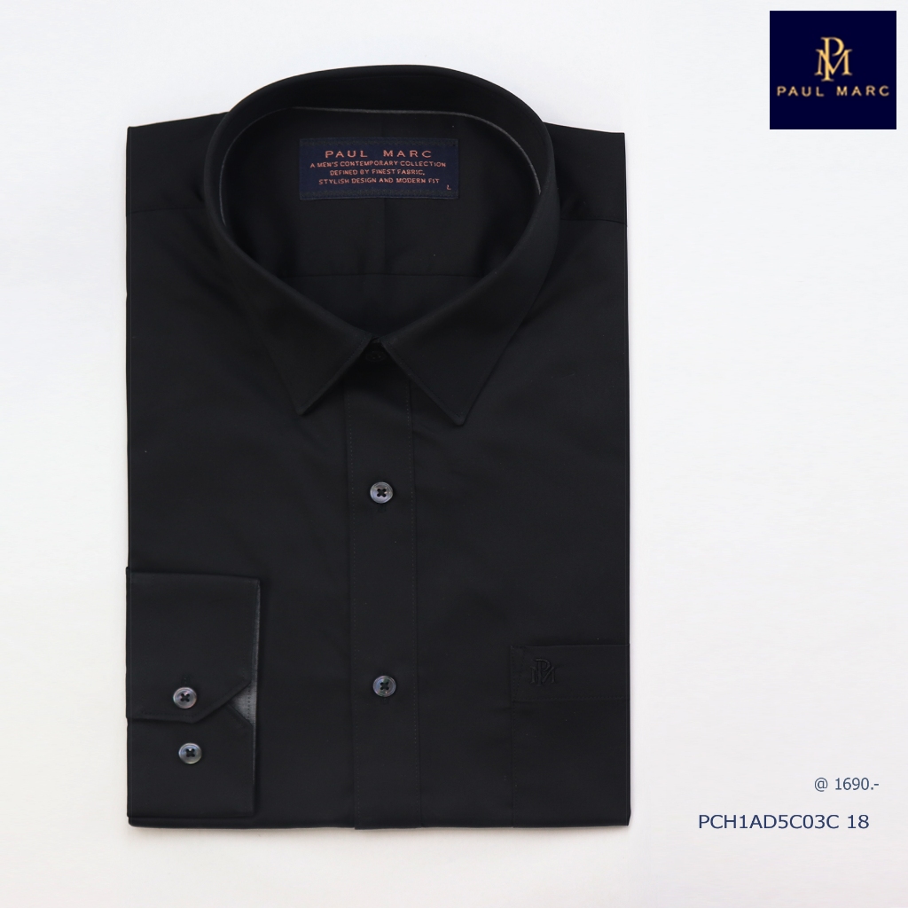 PAUL MARC เสื้อเชิ้ตแขนยาวสีพื้นสีดำ slim fit เนื้อผ้า cotton ยับยากใส่ ...