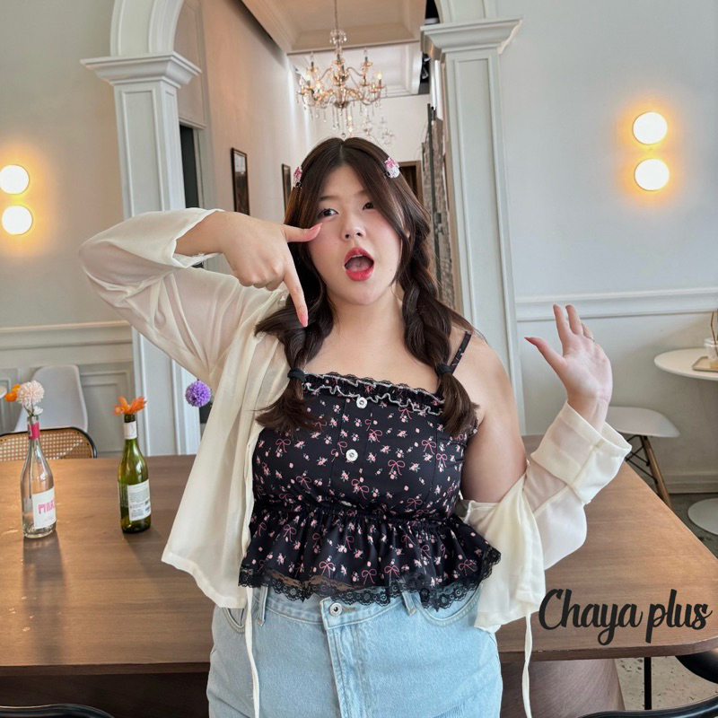 Set2ชิ้น เสื้อสายเดี่ยวลายดอก+เสื้อคลุมผ้าชีฟอง อก38-50นิ้ว plussize(มีไซซ์) สายเดี่ยวสาวอวบ ...