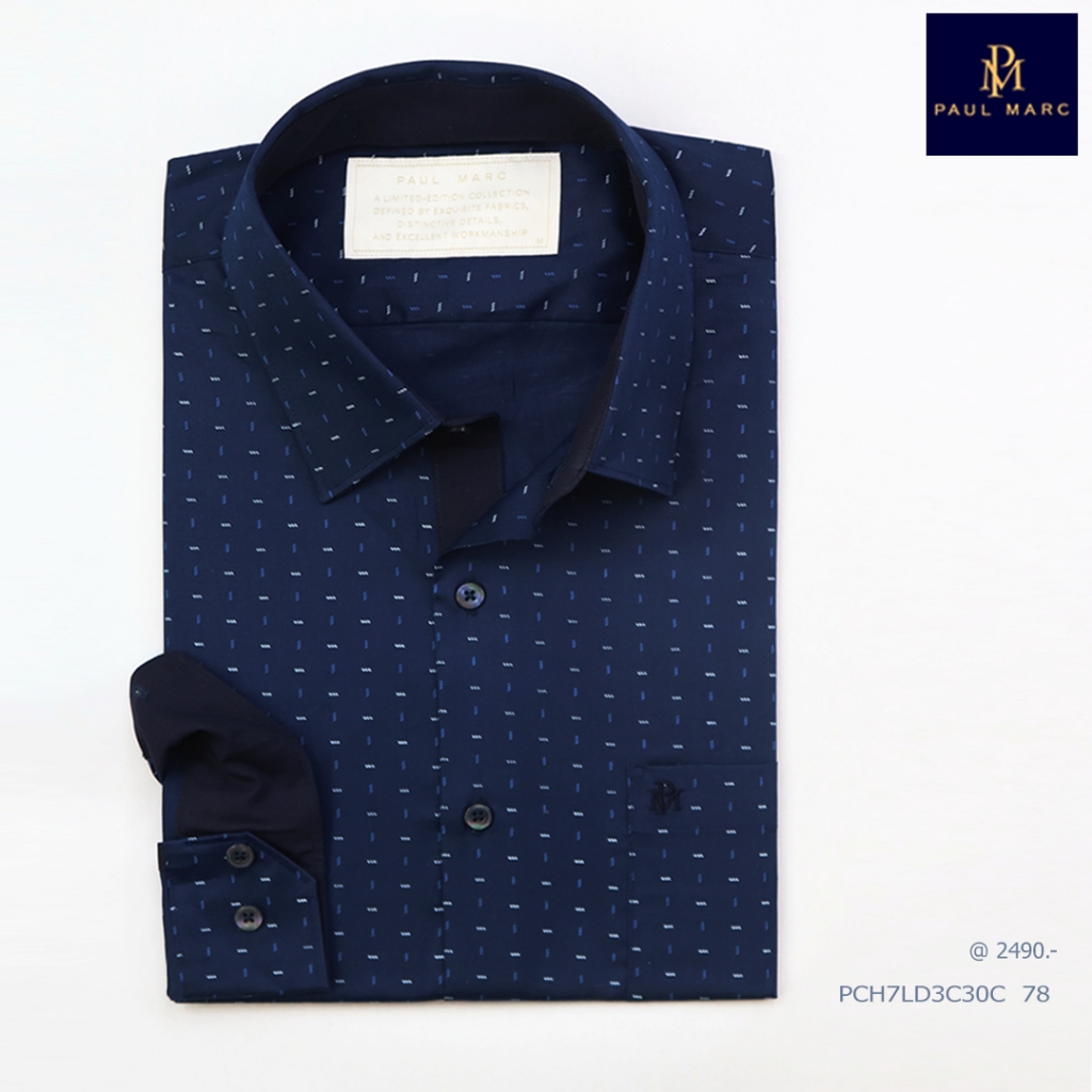 PAUL MARC เสื้อเชิ้ตลายพิมพ์ ลายจุด สีกรมท่า slim fit signature print ...