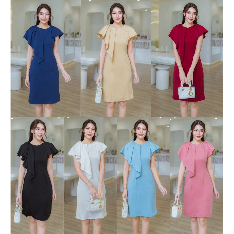 197 เดรสคอกลมแต่งระบายแขน (ผ้าเทพ REEYA) | Shopee Thailand