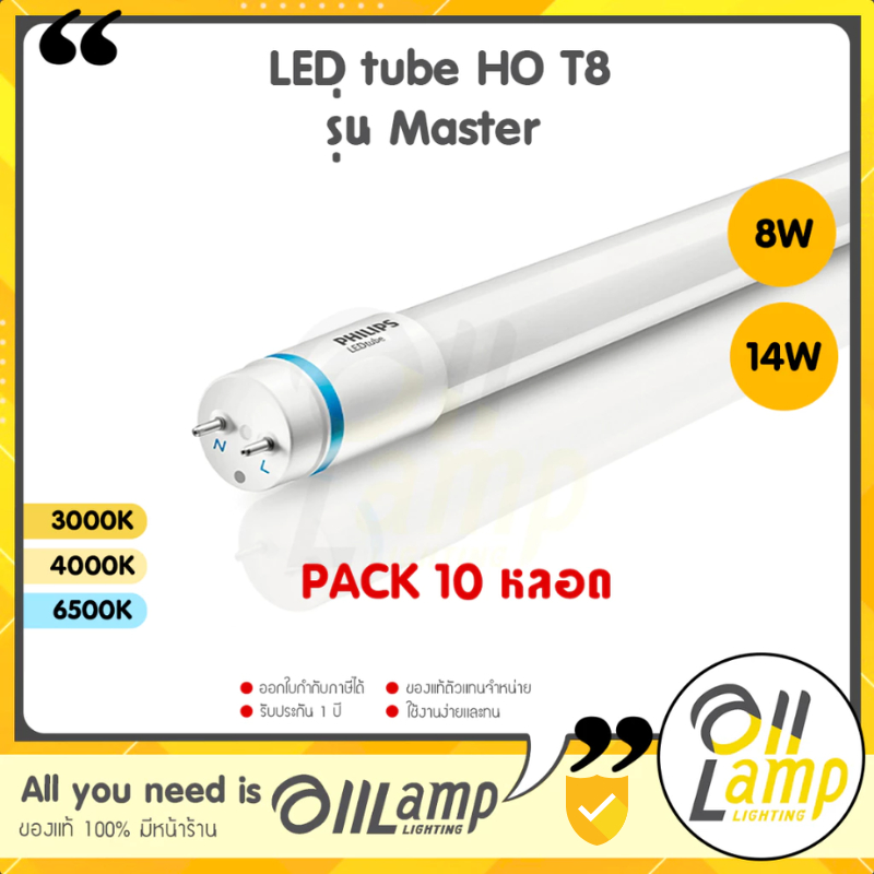 (แพ็ค10หลอด) Philips หลอดไฟ T8 รุ่น Master LED tube HO 8W 14W ขนาด 600mm. 1200mm. อายุ 50,000 ...