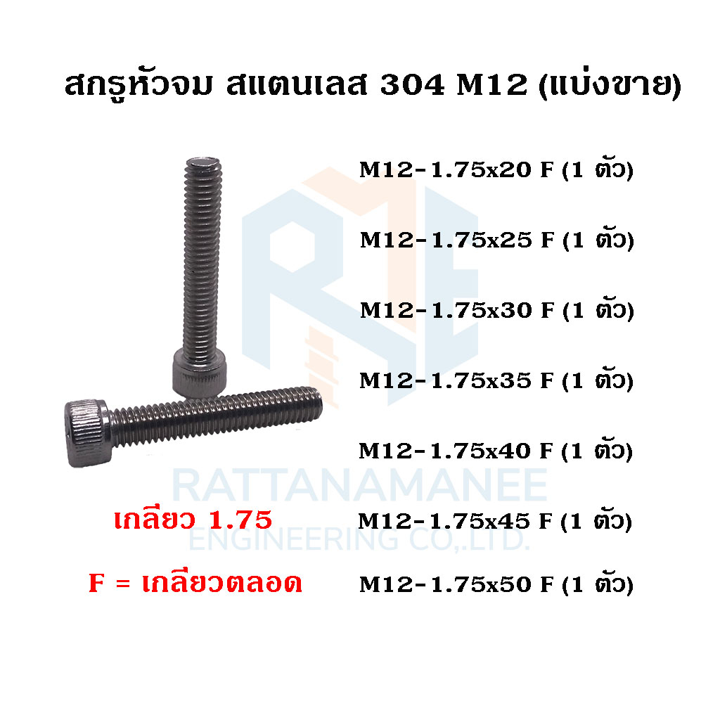 สกรูหัวจม สแตนเลส 304 M12 เกลียว 1.75 (แบ่งขาย) | Shopee Thailand