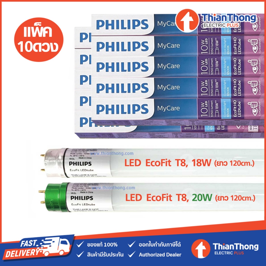 [โปรโมชั่น ยกลัง] Philips หลอดนีออนยาว LED Ecofit T8 18W 20W 6500K 120CM แสงขาว (ลังละ 10 ดวง ...