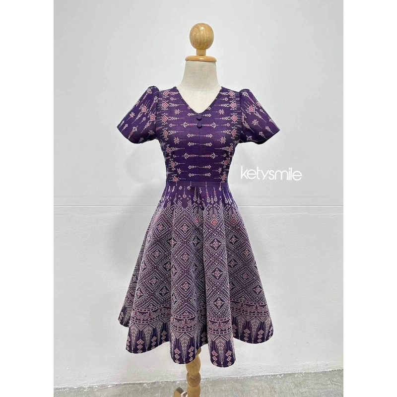 ชุดเดรสผ้าทอลายแพรวา ม่วง ฟ้า ชมพู อัดกาว กระโปรงทรงย้วย สอบถามสต๊อกก่อนสั่งซื้อ K528 | Shopee ...