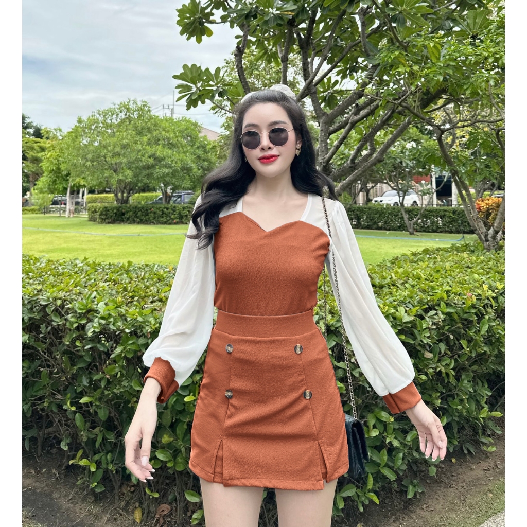 พร้อมส่ง ชุดเซตผ้าวูลเวฟ เสื้อแขนยาวผ้าซีฟองอกทรงหัวใจ+กางเกงกระโปรงแต่งกระดุมไม้ (F72,F73 ...