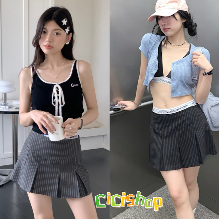 Cicishop(908)กระโปรงสั้นอัดจีบ ดีเทลขอบยางยืดดีไซน์สปอร์ต มีซับใน สไตล์Y2K | Shopee Thailand