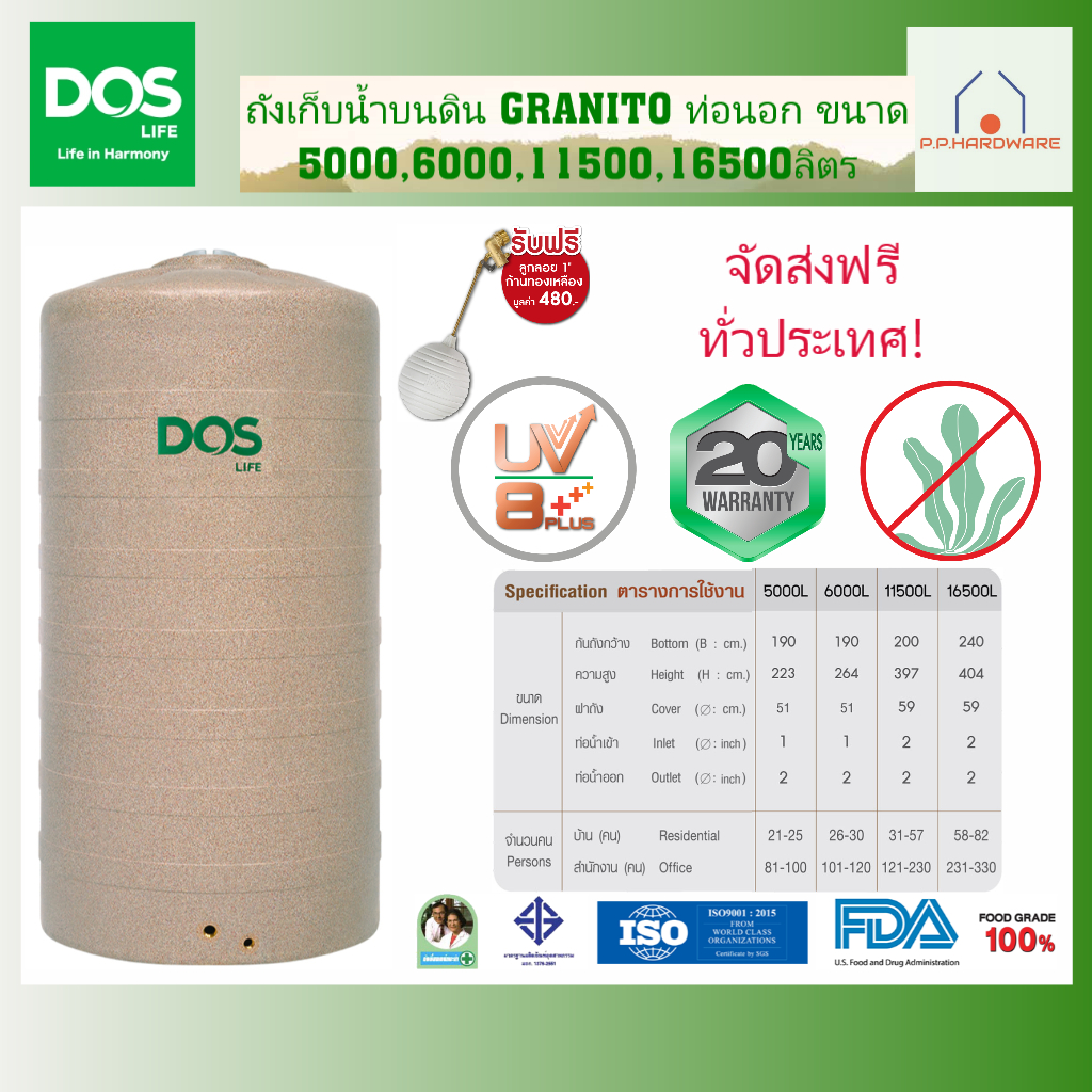 DOS ถังเก็บน้ำบนดิน GRANITO ท่อนอก ขนาด 5000, 6000, 11500, 16500ลิตร แถมฟรี!! ลูกลอยDOS 1นิ้ว ...