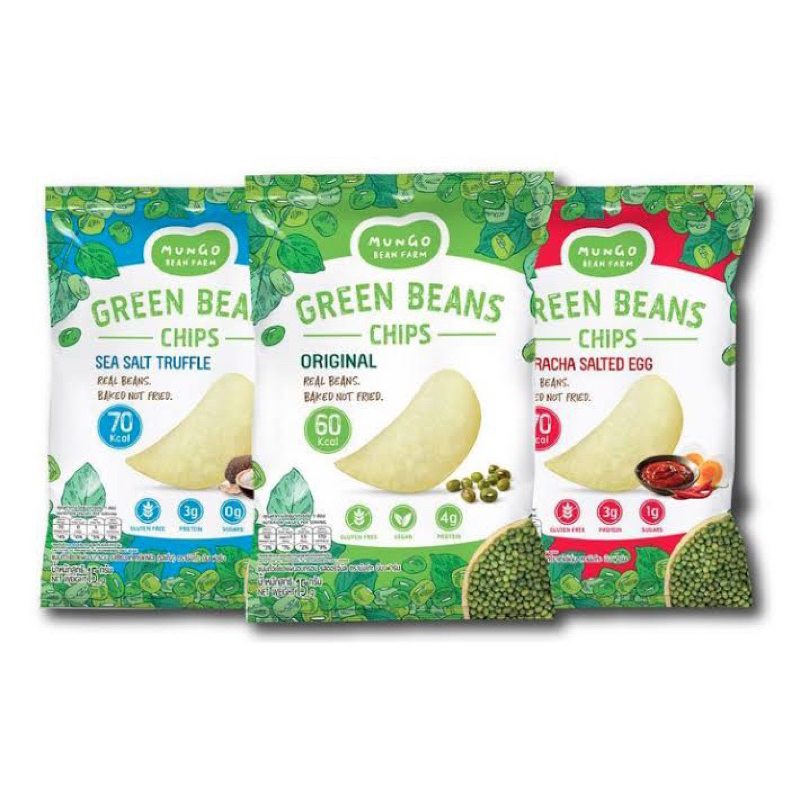 Mungo green beans chips original / truffle / sriracha 15g. ขนมถั่วเขียว ...