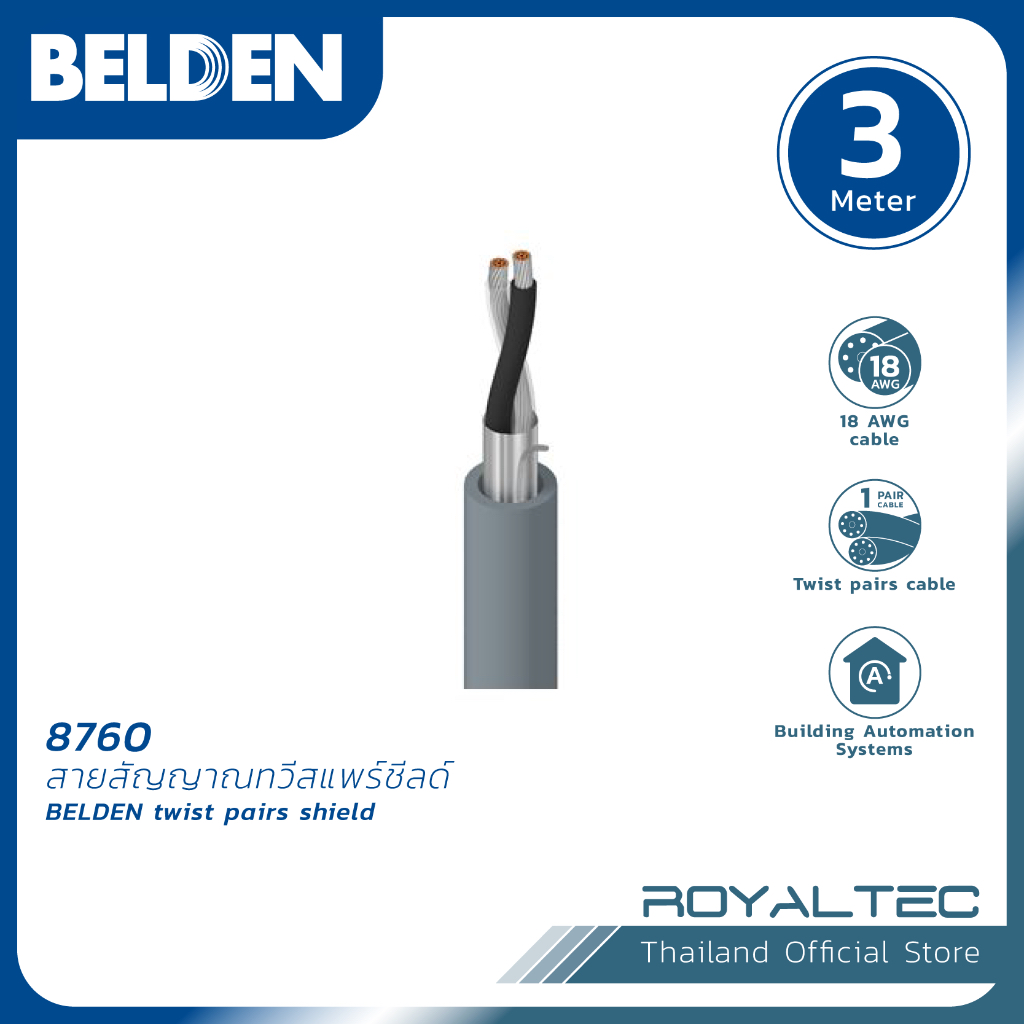 BELDEN 8760 สายสัญญาณทวีสแพร์ชีลด์ Twist pairs shield , 18 AWG 1Pair สี Jacket เทาเข้ม | Shopee ...