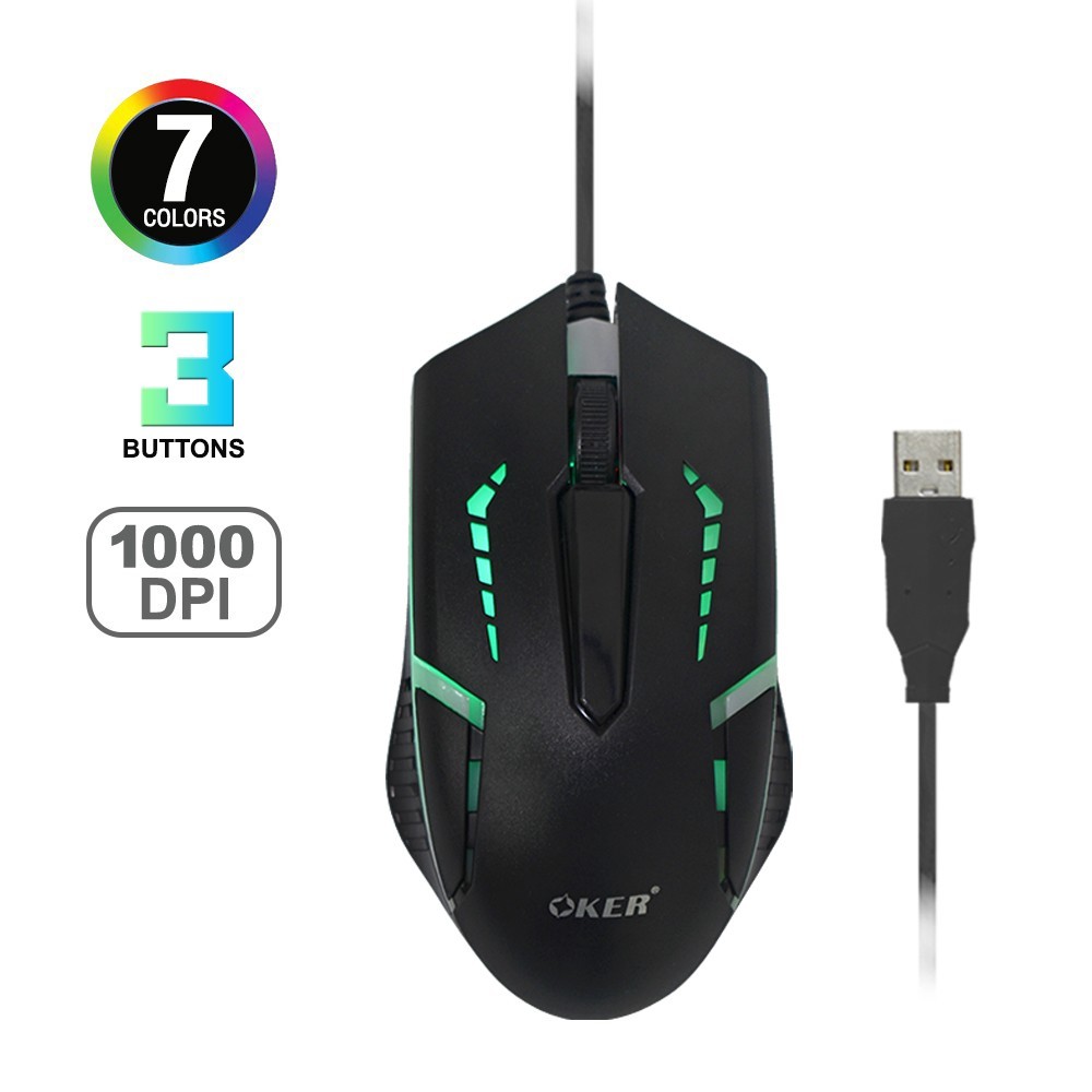 OKER เมาส์ไฟ LED หัวเสียบ USB GAMING MOUSE KAMEN 7 COLOURS WITH ...
