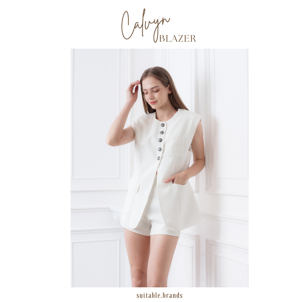 Calvyn Blazer - เสื้อแขนกุดคอกลม แต่งกระดุมโรมัน (ขาว) | Shopee Thailand