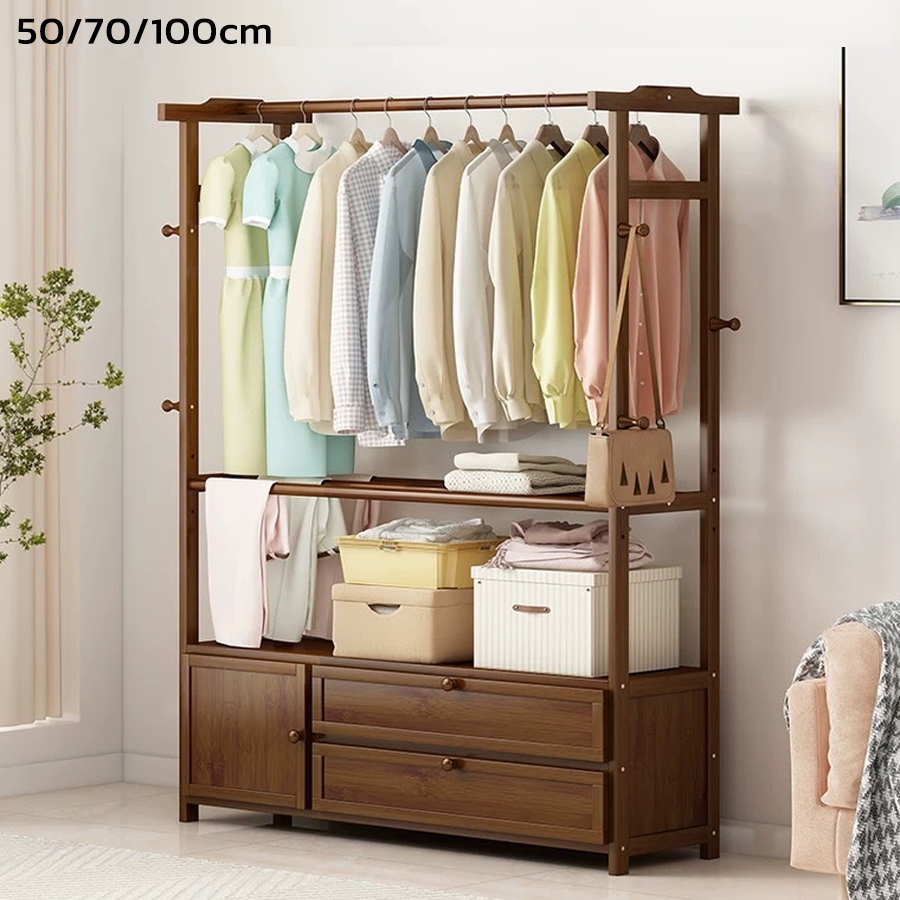 ราวไม้แขวนผ้า ราวตากผ้า clothes hanger rack มีลิ้นชัก 2ชั้น ขนาด กว้าง ...