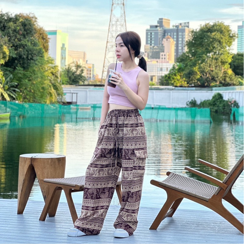 กางเกงช้างผ้าไหมญี่ปุ่น No.1Shop มีกระเป๋าคาร์โก้ 4กระเป๋า(ผ้าดีนุ่มไม่ต้องรีด)ขาปล่อยS-2XL ...