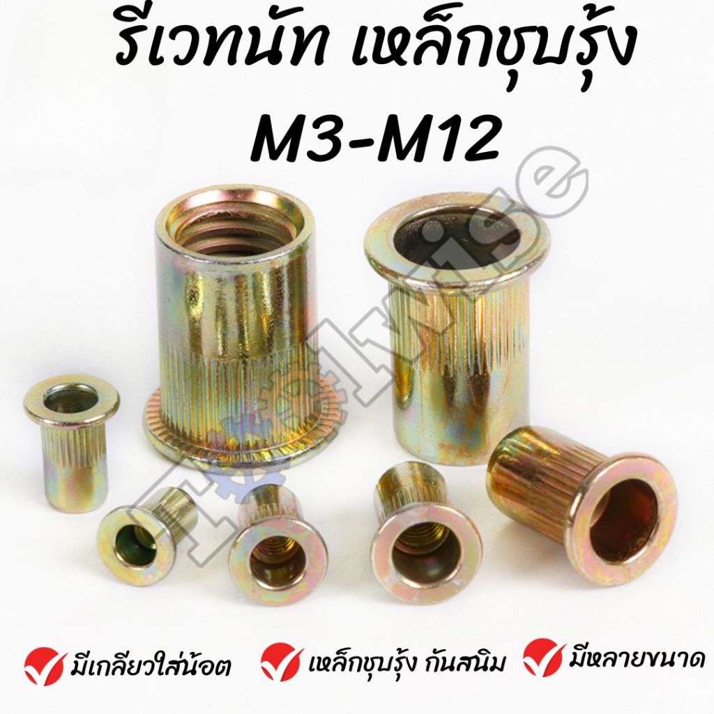 [10ตัว] รีเวทนัท เหล็กชุบรุ้ง หัวน็อตรีเวท คอลายหัวแบน M3-M12 Rivet Nut | Shopee Thailand