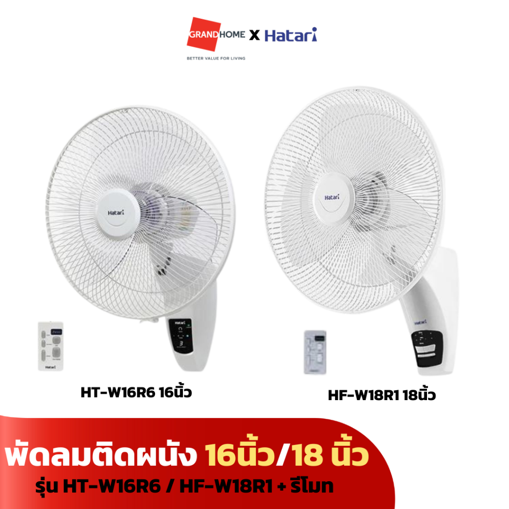 พัดลม ติดผนัง + รีโมท HATARI รุ่น HF-W18R1 18นิ้ว / HT-W16R6 16นิ้ว สี ...