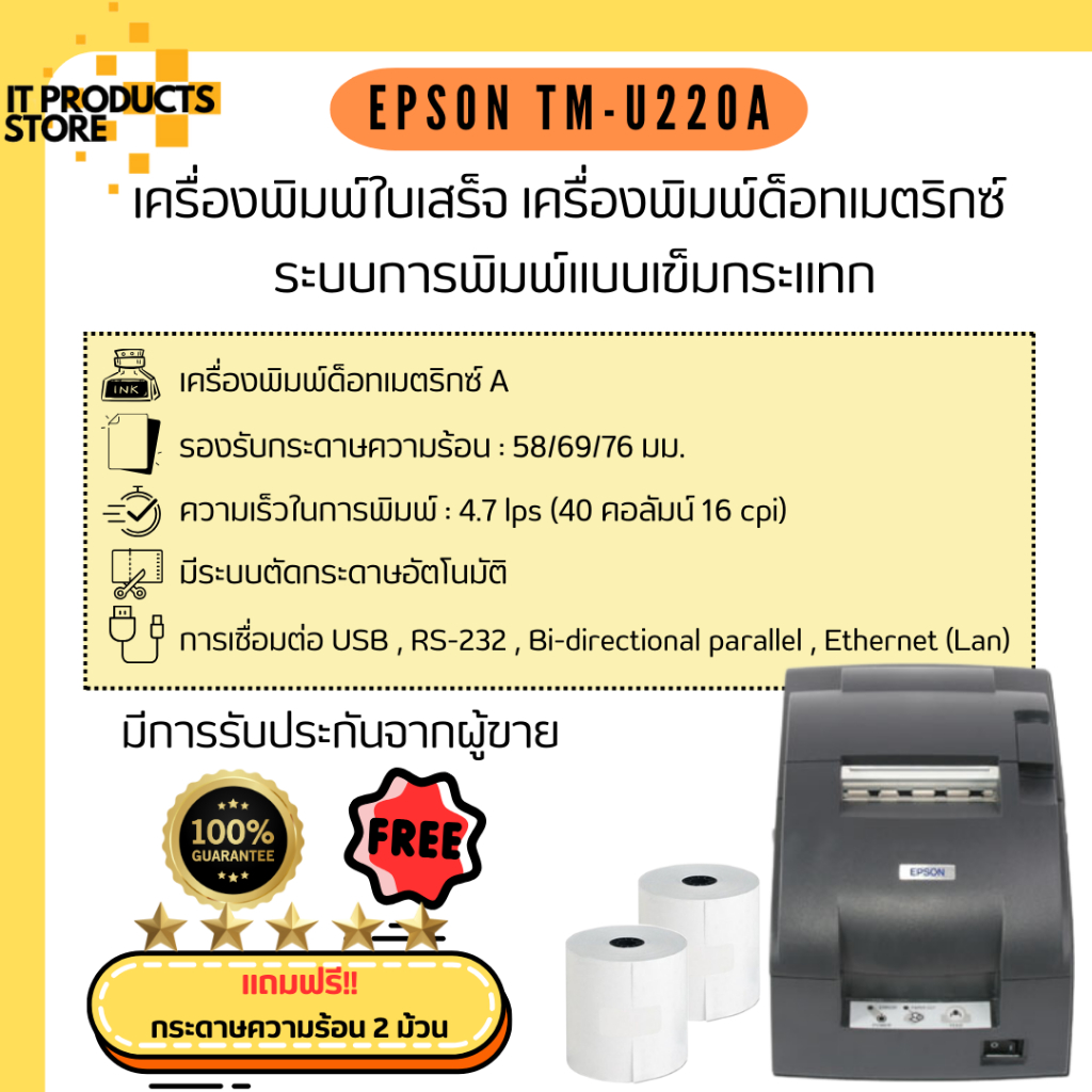 Epson รุ่น TM-U220A เครื่องพิมพ์ใบเสร็จ เครื่องปริ้นใบเสร็จ เครื่อง ...