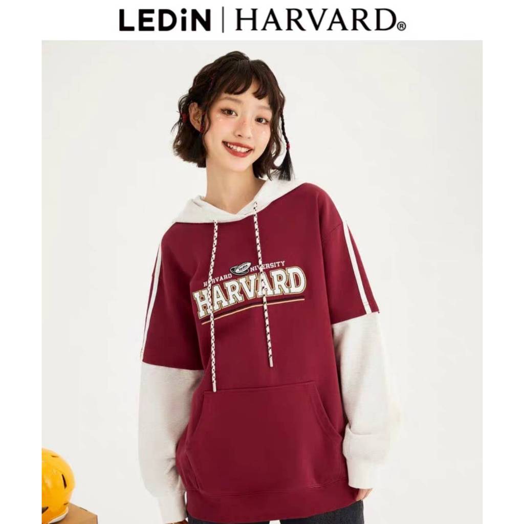 LEDIN x Harvard เสื้อฮู้ดมหาวิทยาลัยฮาร์วาร์ด สีขาวแดงทูโทน แบรนด์ร่วม ...