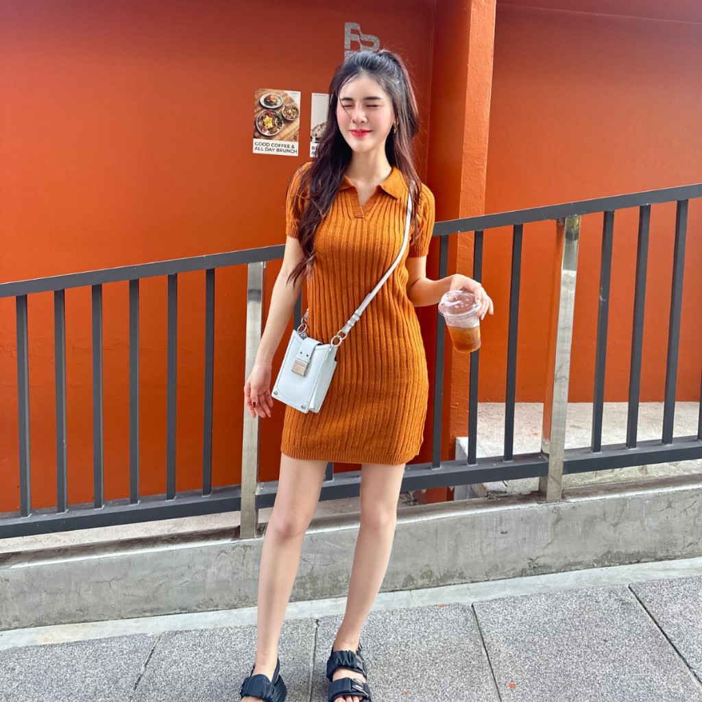 🌈MesubShop🌈มินิเดรส ผ้าไหมพรมถักใหญ่ ผ้ายืดตามตัวสาวอวบใส่ได้ 🐱 ทรงคอโปโล ทรงแบ๊วน่ารักม้าก รุ่น ...