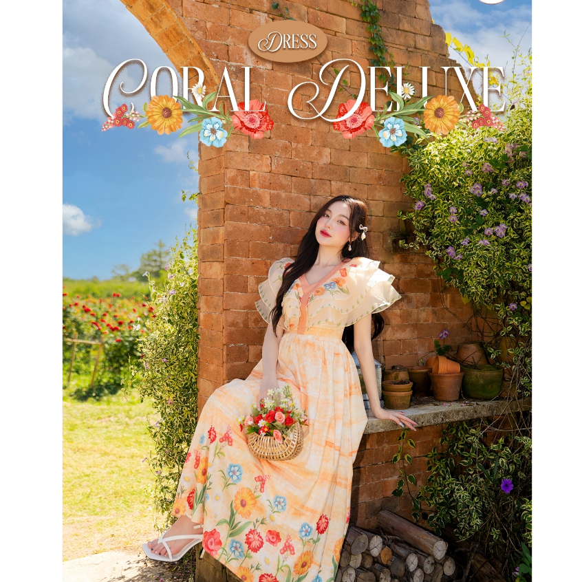 Coral Deluxe เดรสยาวสีส้ม ผ้าไหมญี่ปุ่นพิมพ์ลาย แต่งแขนระบายออแกนดี้ ...