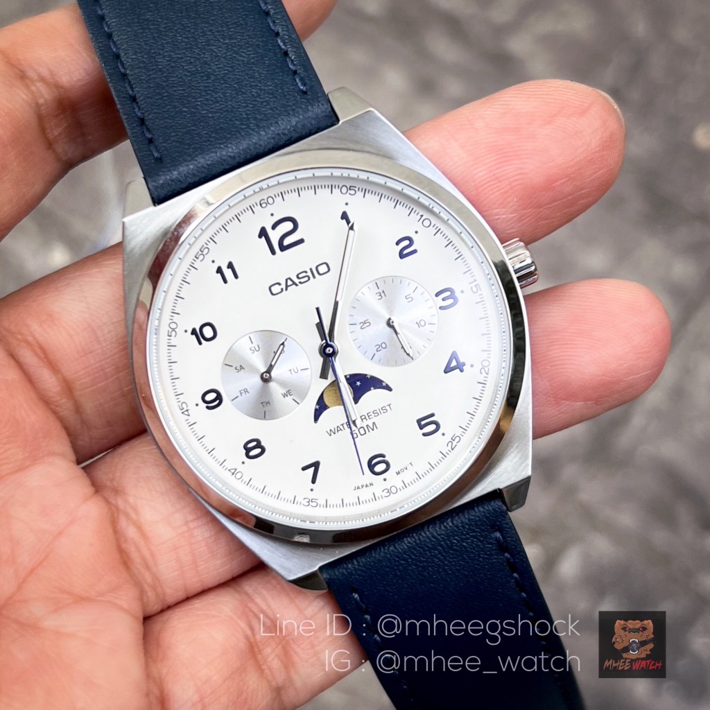 Casio Chronograph Moon Phase White Dial Navy Blue Leather Strap ...