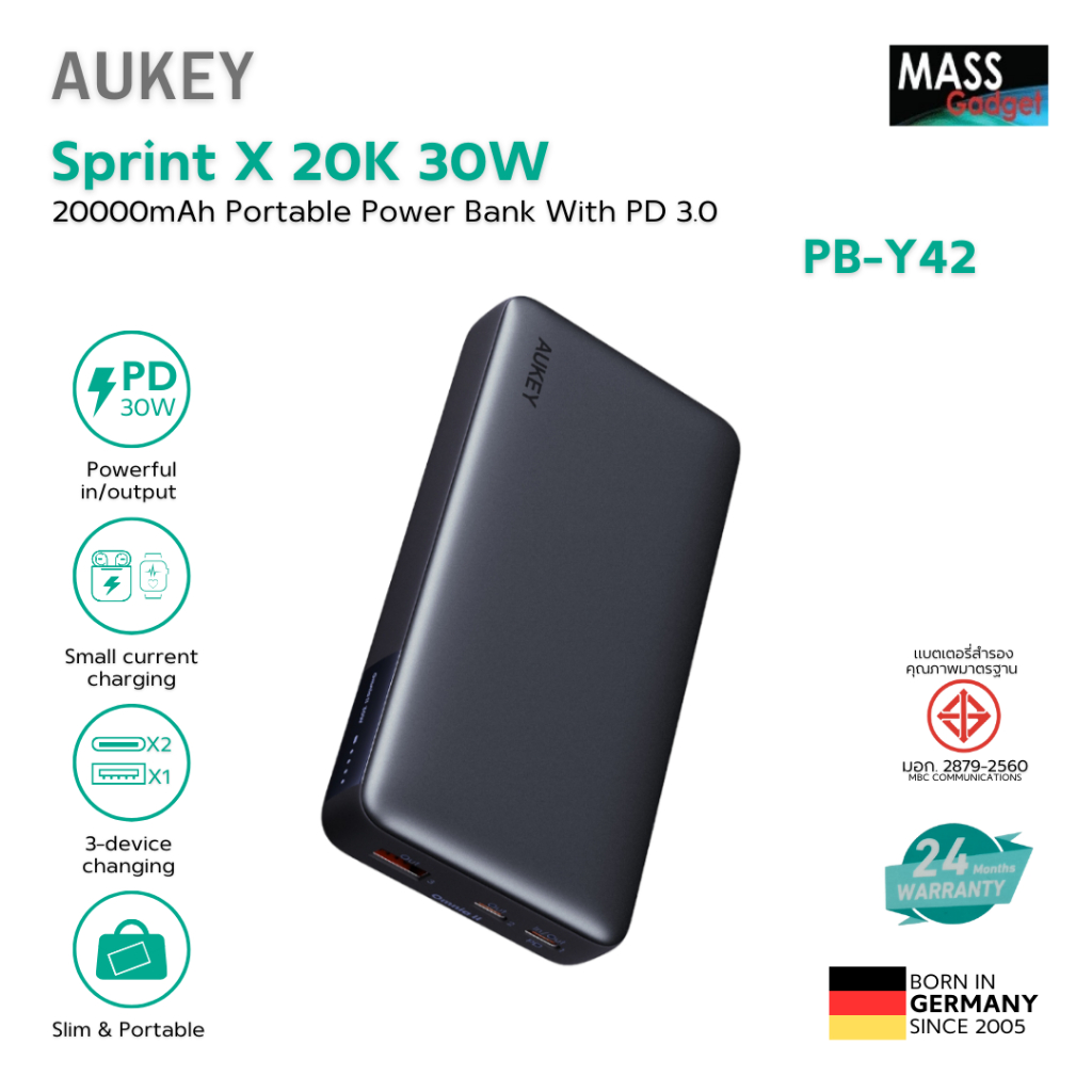 พาวเวอร์แบงค์ Aukey รุ่น PB-Y42 Sprint X 20K 30W 20000mAh | Shopee Thailand