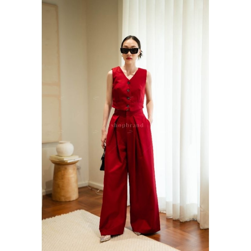 ชุดแดงรับทรัพย์ Vshop ชุดSet แดง เสื้อครอปกั๊กสูท + กางเกงขายาวจับจีบ ...
