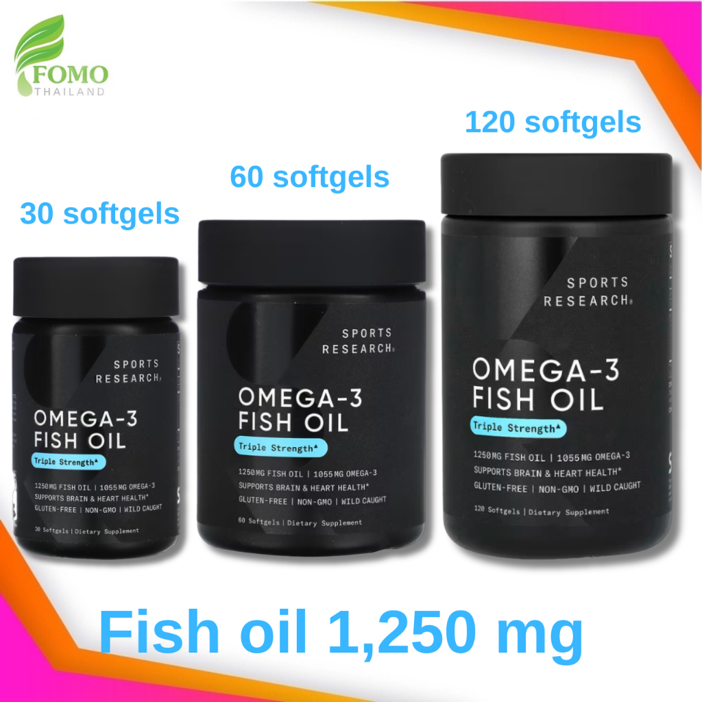 [Exp2025] Sports Research Omega-3 Fish Oil Triple Strength 1,250 mg น้ำมันปลา โอเมก้า (30/60/90 ...